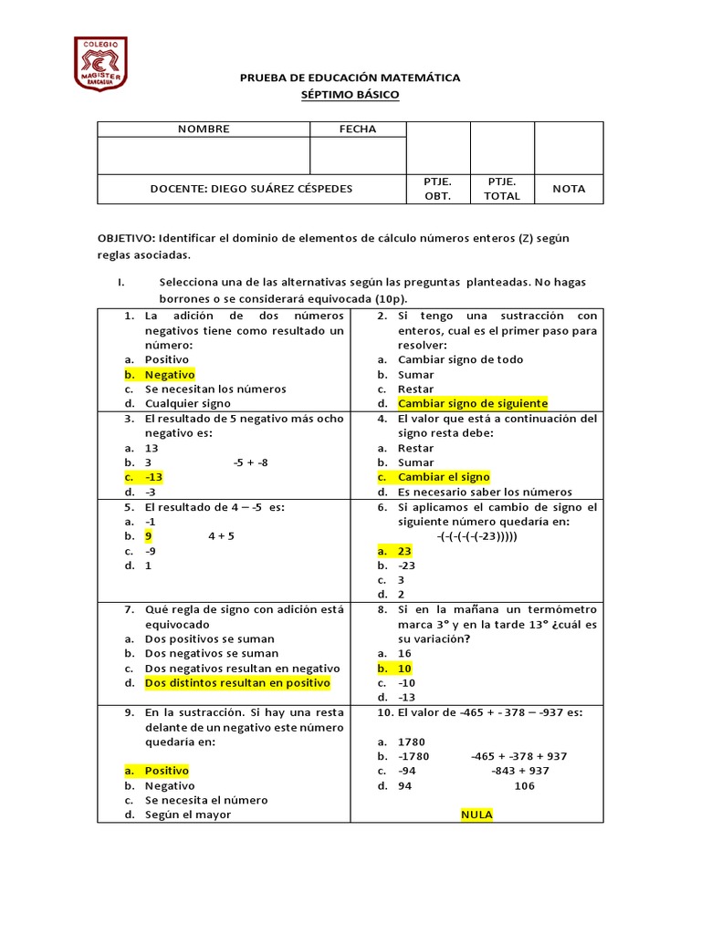Prueba Matemática Séptimo Básico | PDF | Teoría del anillo | Sustracción