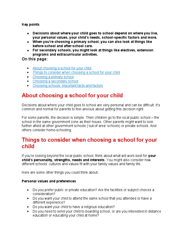 About Choosing A School For Your Child: On This Page | Download Free PDF | Schools | Value (Ethics)
