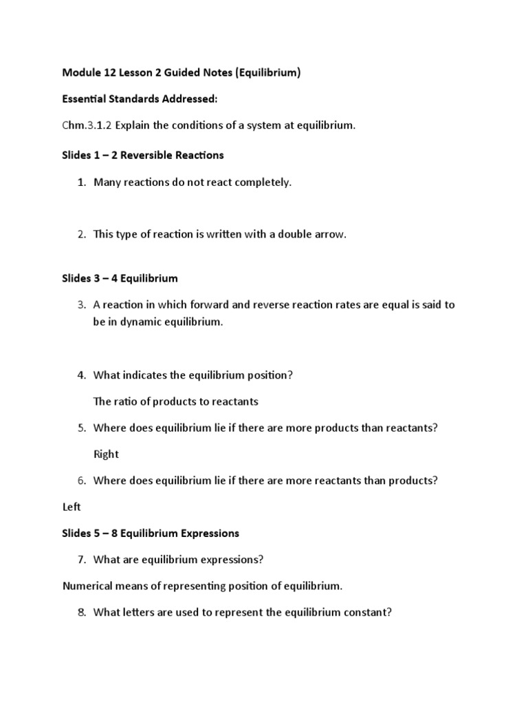 Module 12 Lesson 2 Guided Notes (Equilibrium) Essential Standards ...