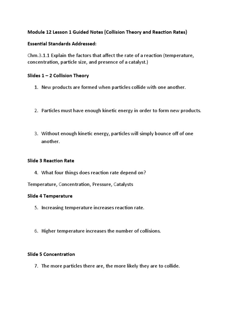 Module 12 Lesson 1 Guided Notes (Collision Theory and Reaction Rates ...