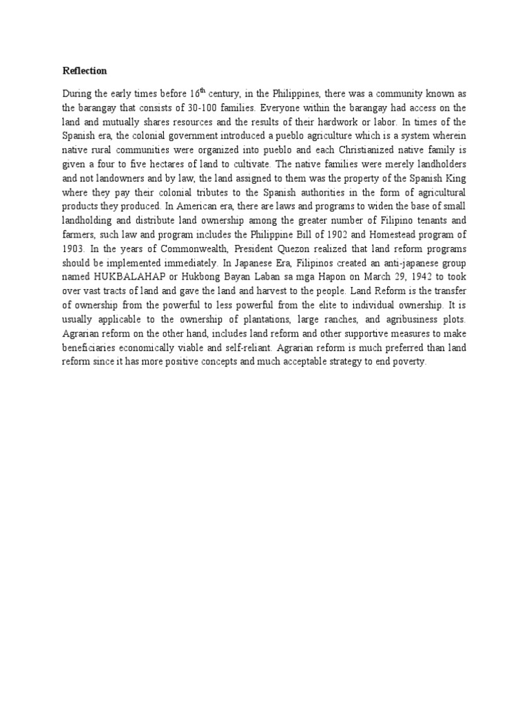 Reflection About Agrarian Reform | PDF | Politics | Religion & Spirituality