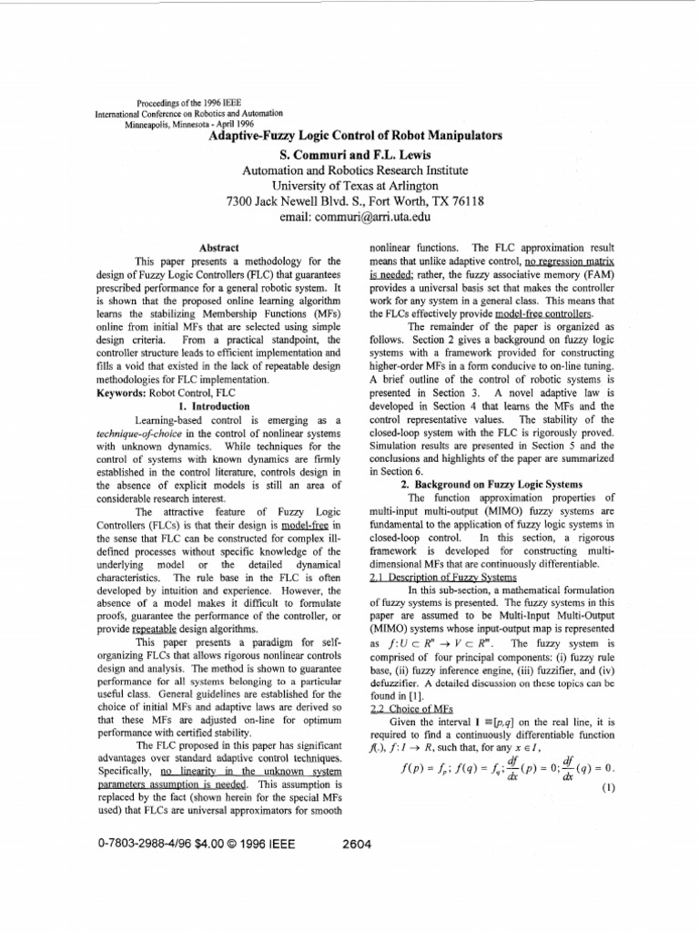 Adaptive Fuzzy Logic Control Of Robot Manipulators S Commuri And F L Lewis Pdf Fuzzy Logic