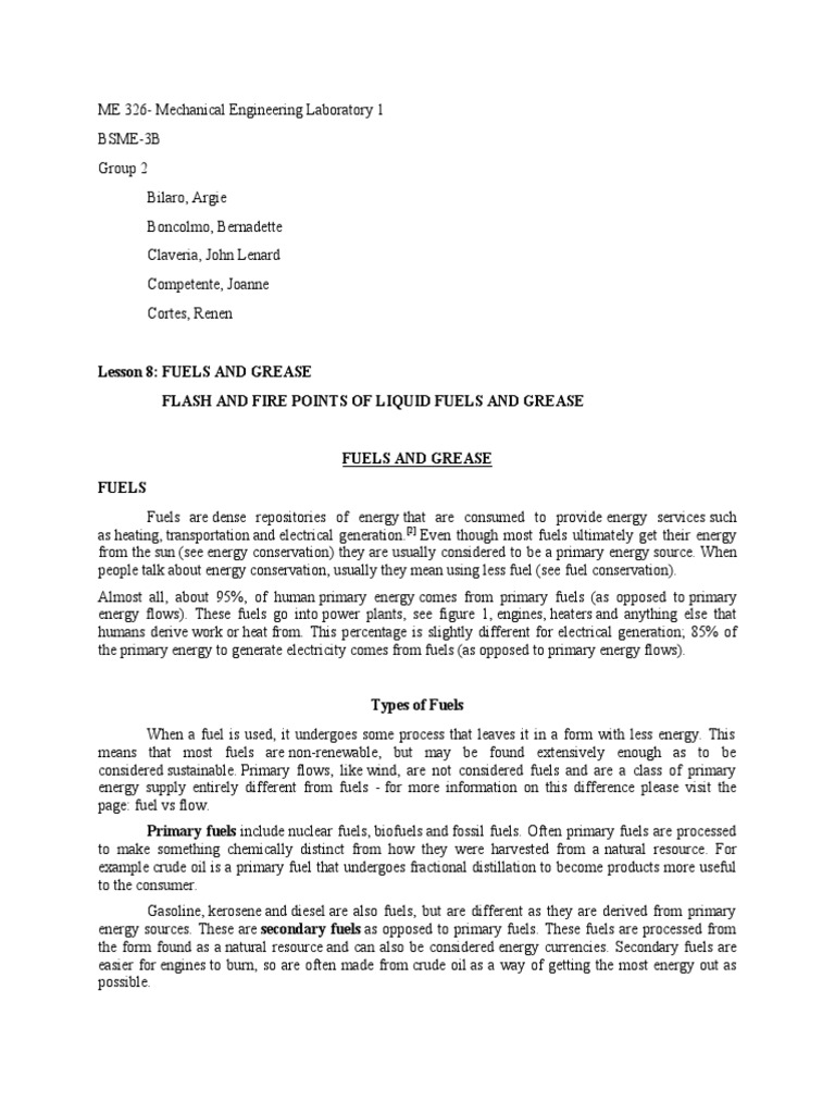 Lesson 8: Fuels and Grease Flash and Fire Points of Liquid Fuels and ...