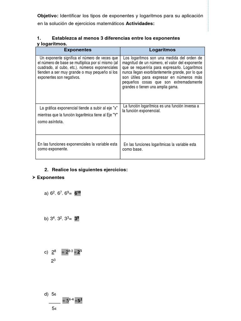 Exponentes y Logaritmos: Guía Básica | PDF | Métodos y materiales de ...