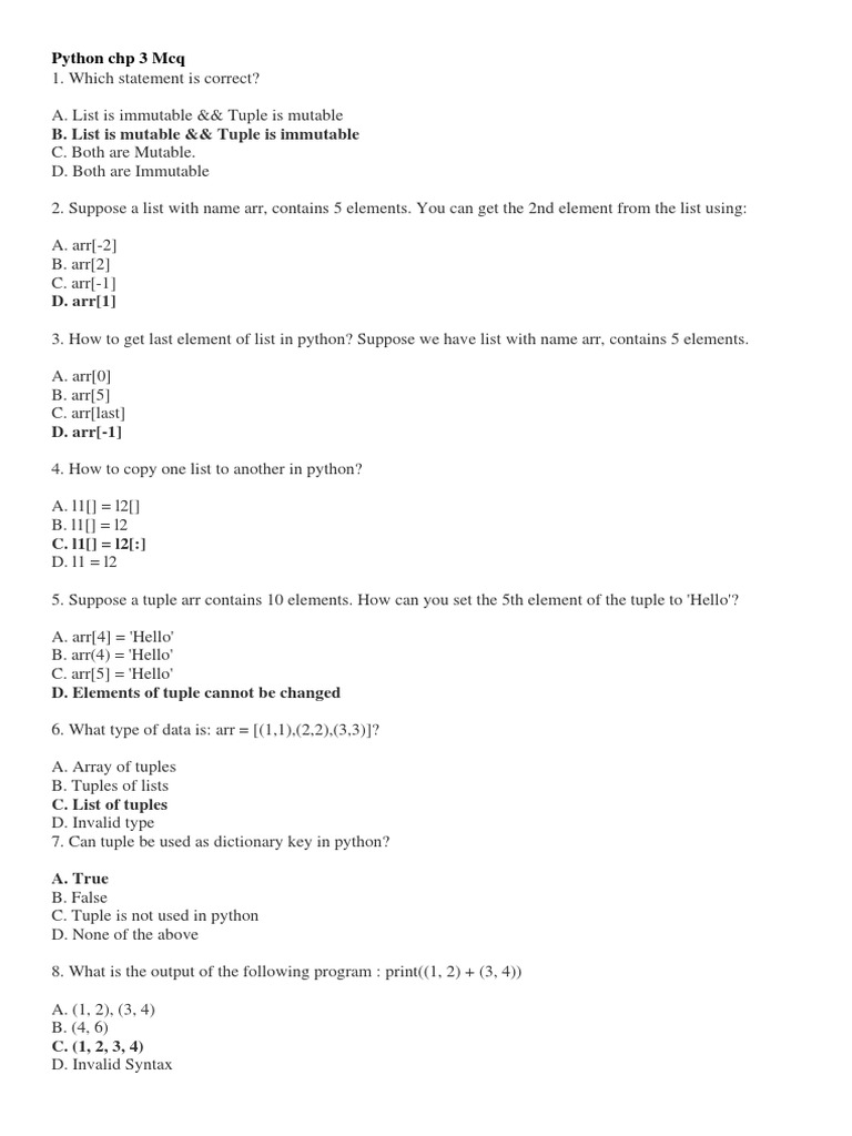 B. List Is Mutable && Tuple Is Immutable: Python CHP 3 MCQ | PDF ...