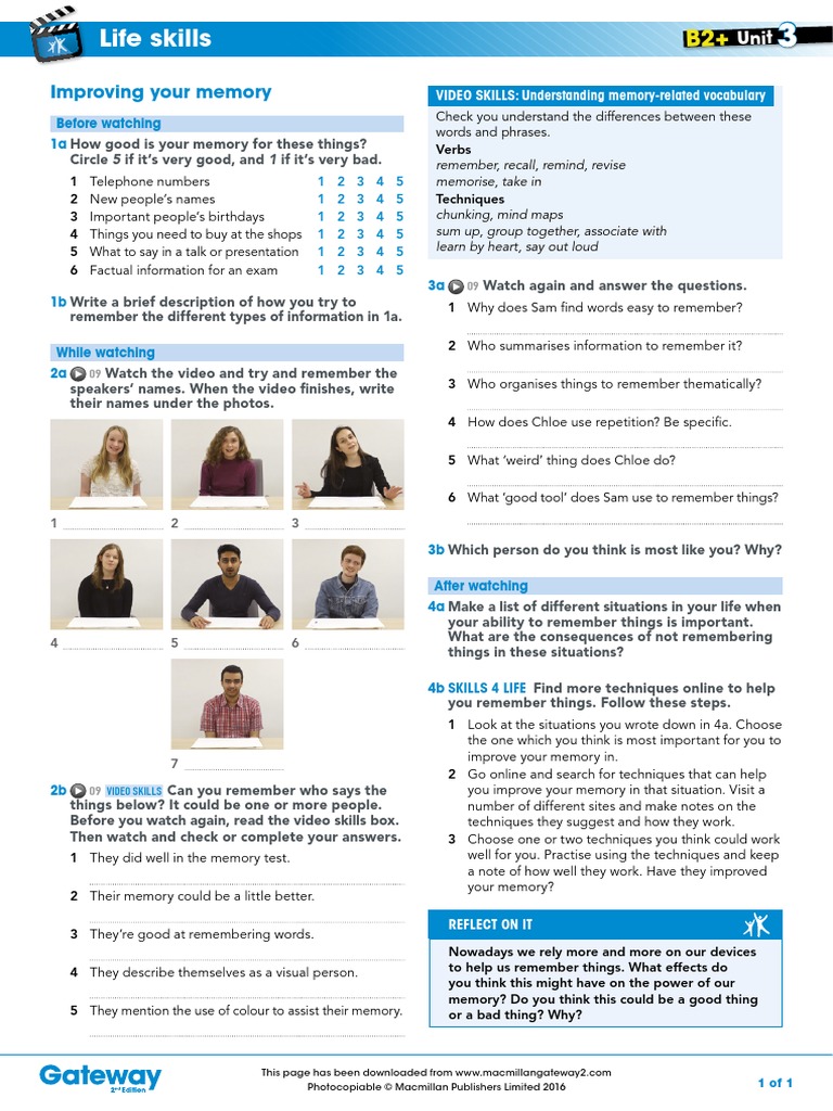 B2+ UNIT 3 Life Skills Video Worksheet | PDF | Recall (Memory) | Memory