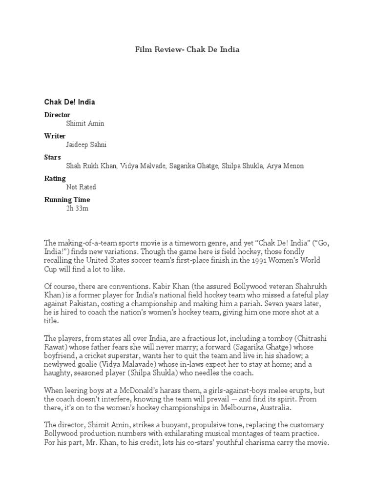 Film Review - Chak de India | PDF | Cinema Of India | Bollywood