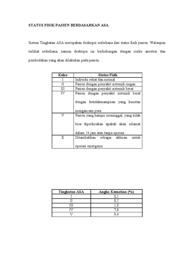Klasifikasi Status Fisik ASA Anestesi | PDF