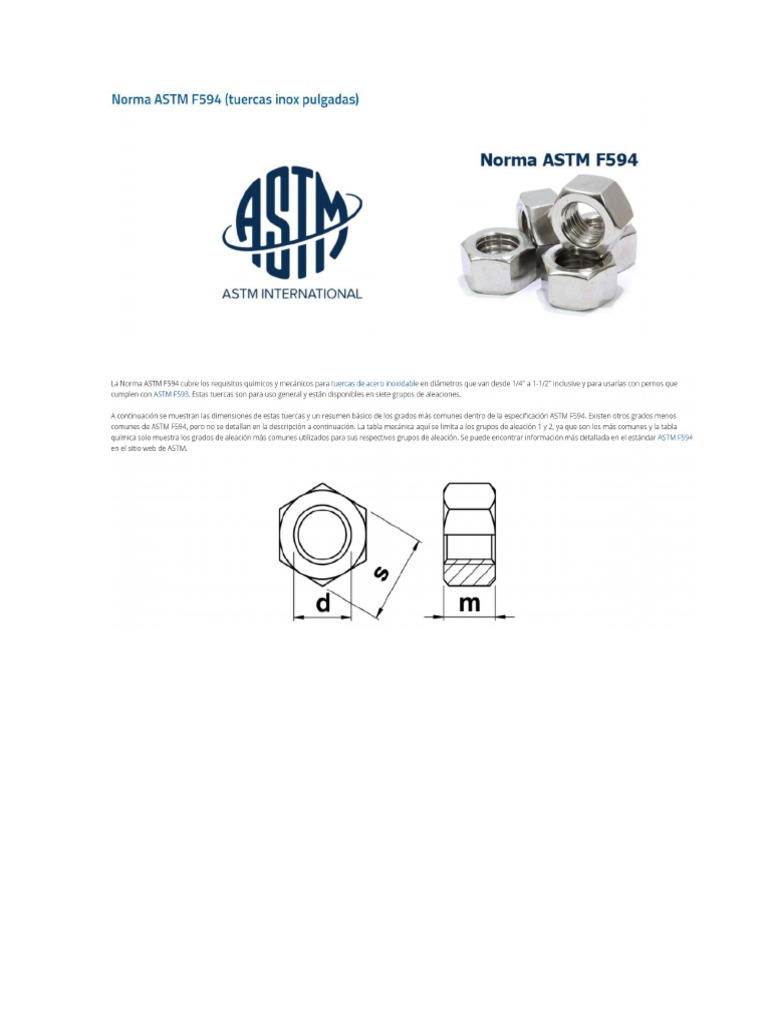 Norma ASTM F594 (Tuercas Inox Pulgadas) | PDF