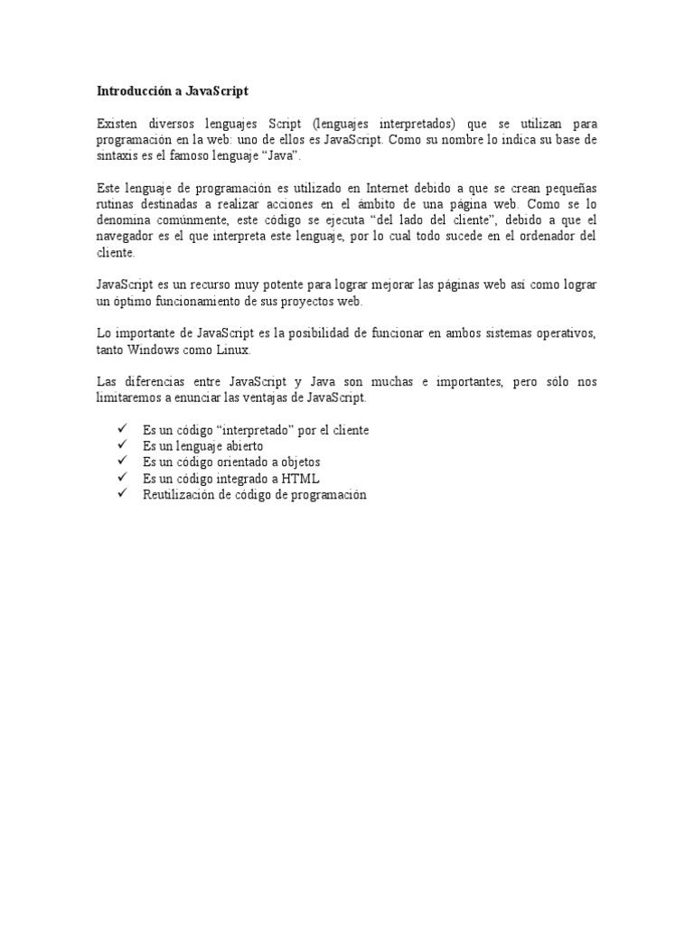 Introducción JavaScript | PDF | Script Java | Lenguaje de programación Introducción JavaScript | PDF | Script Java | Lenguaje de programación