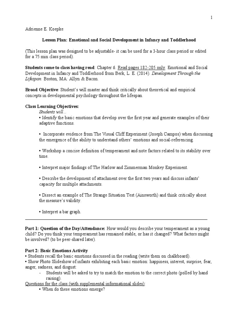 Lesson Plan Emotional Social Dev | PDF | Attachment Theory | Temperament