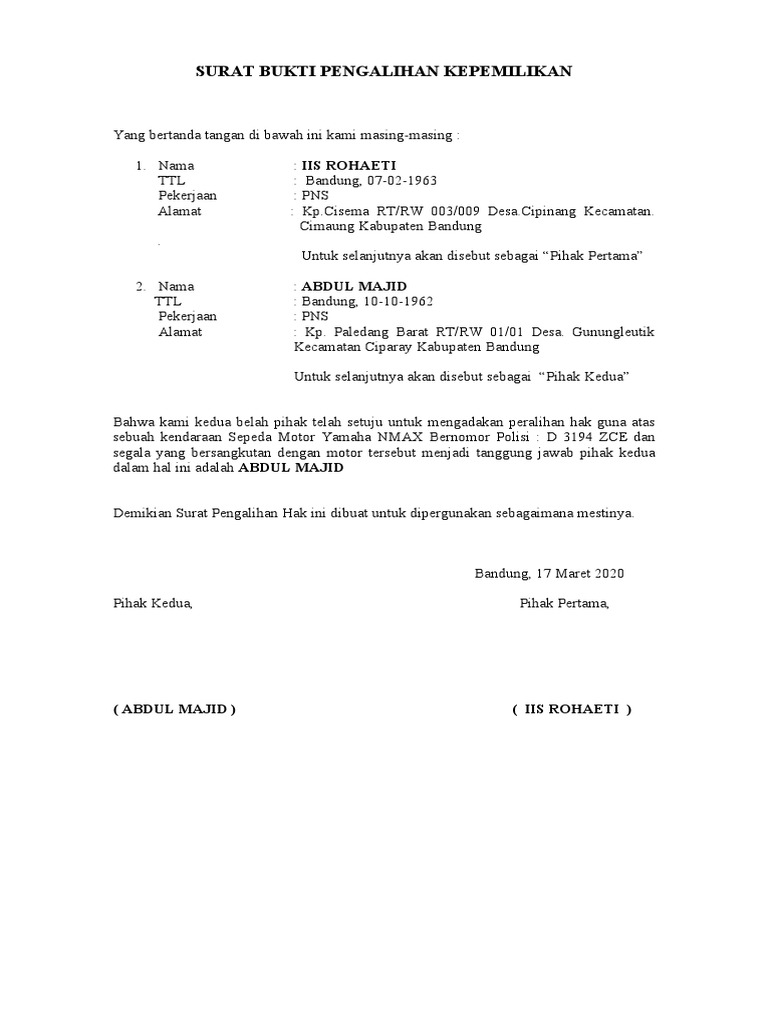Contoh Surat Pengalihan Hak | PDF