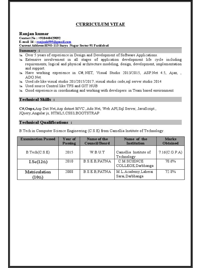 Curriculum Vitae Ranjan Kumar: I.Sc (12) Matriculation (10) | PDF ...