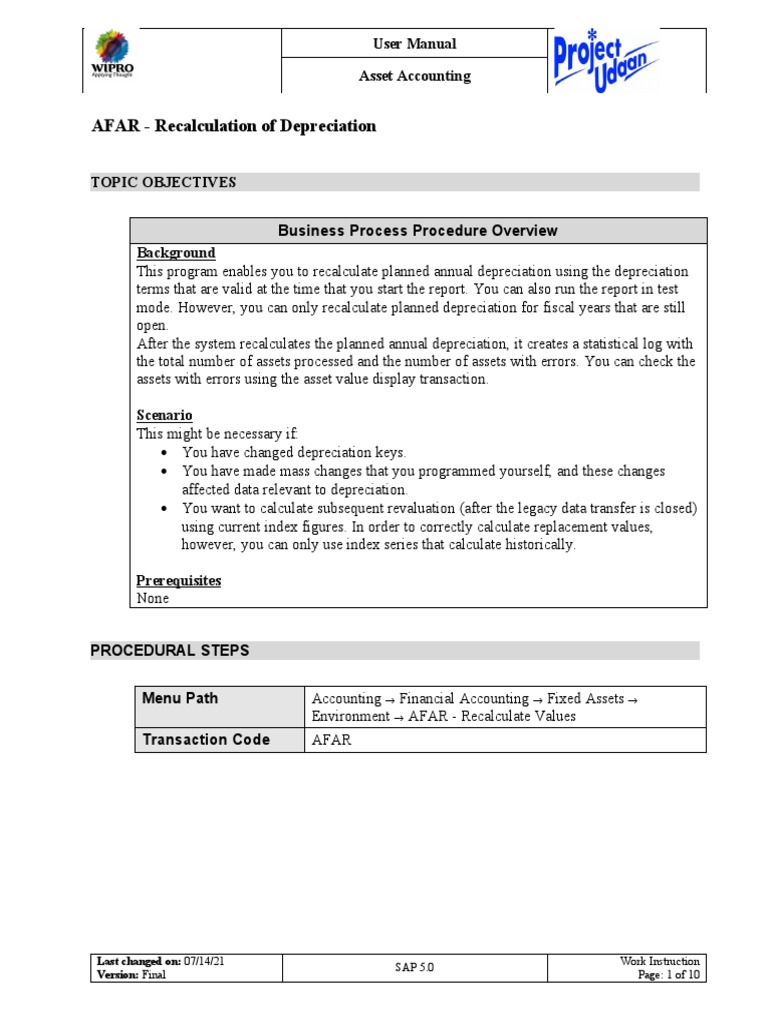 AFAR - Recalculation of Depreciation: User Manual Asset Accounting ...