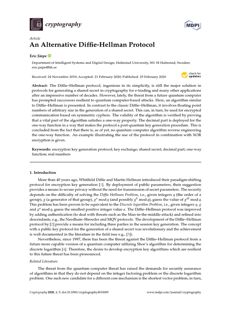 An Alternative Diffie-Hellman Protocol: Cryptography | PDF ...