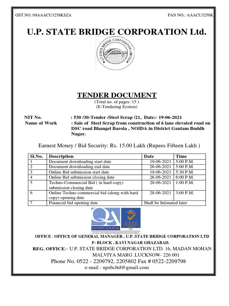 U.P. State Bridge Corp. Steel Scrap Tender | PDF | Taxes | Economies