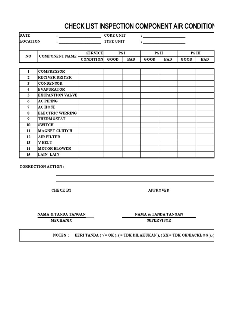 Air Conditioner Inspection Checklist | PDF | Technology & Engineering