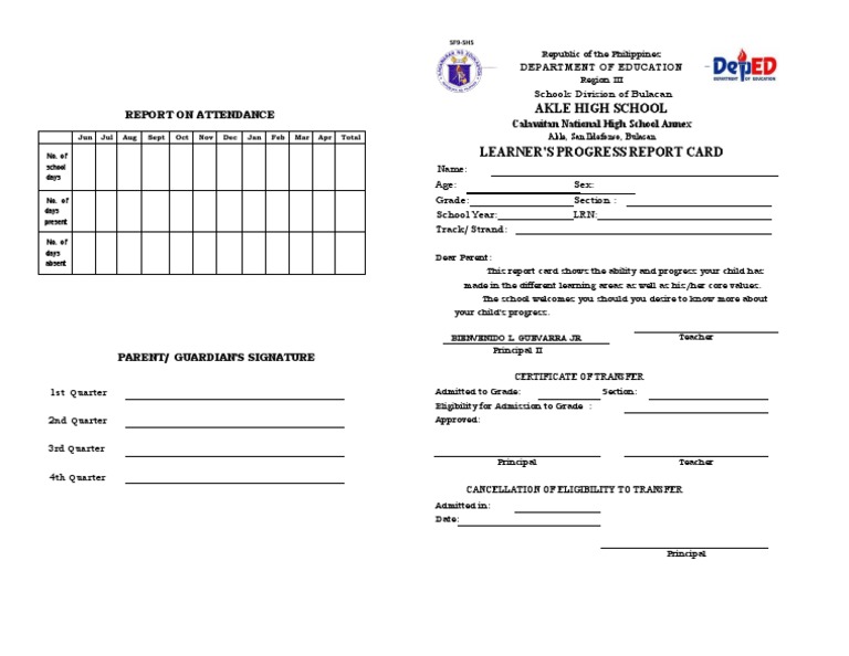 Akle SHS Grade 11 Report Card Front Page | PDF