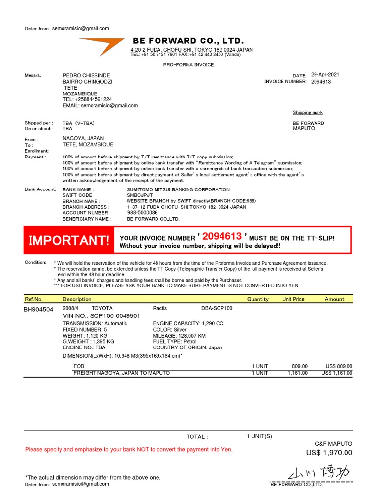 Proforma Invoice and Purchase Agreement No.2094613 | PDF | Sales | Payments