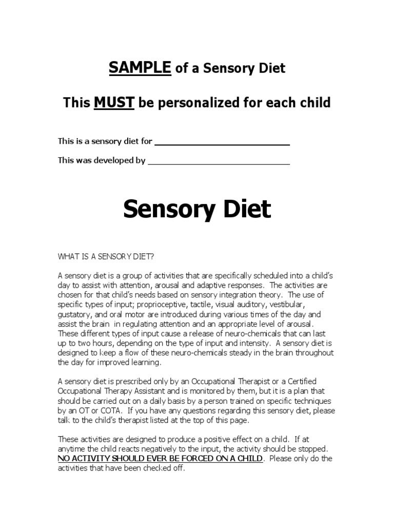 Sensory Diet: Sample | PDF | Sensory Processing Disorder ...