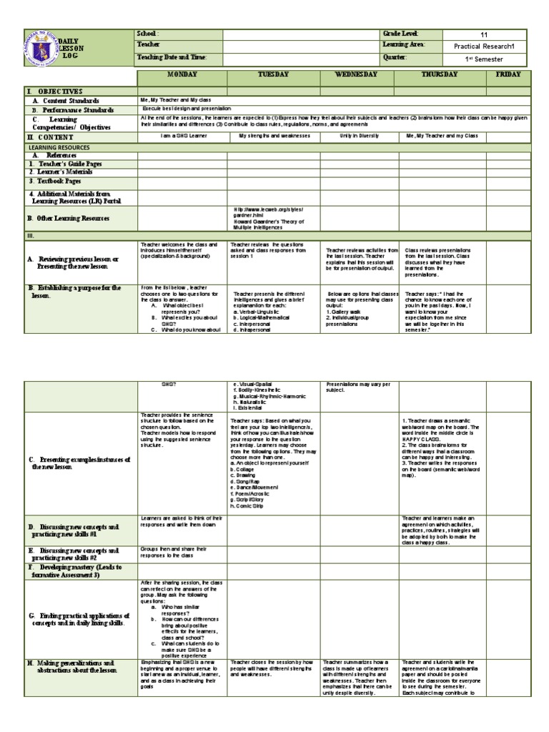 Objectives Content Standards Performance Standards C. Learning ...