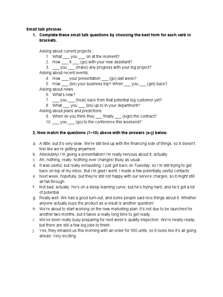 Small Talk Phrases 1. Complete These Small Talk Questions by Choosing ...