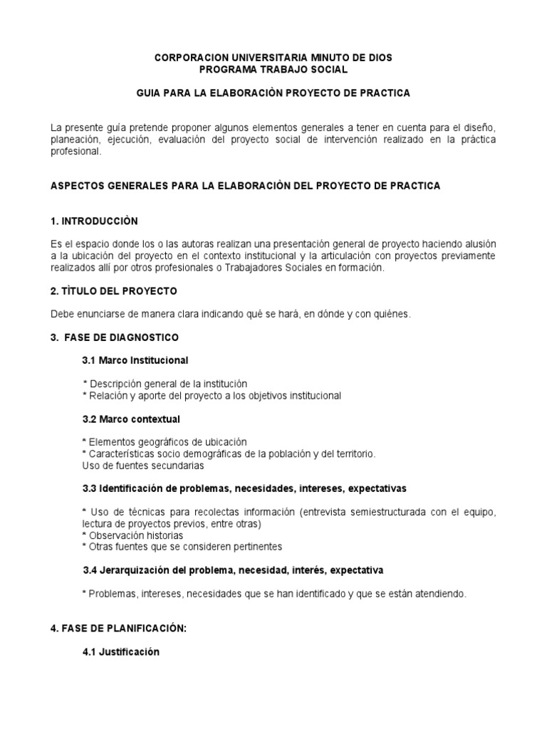 Guia para La Elaboracion Proyecto de Practica | PDF | Trabajo Social | Planificación
