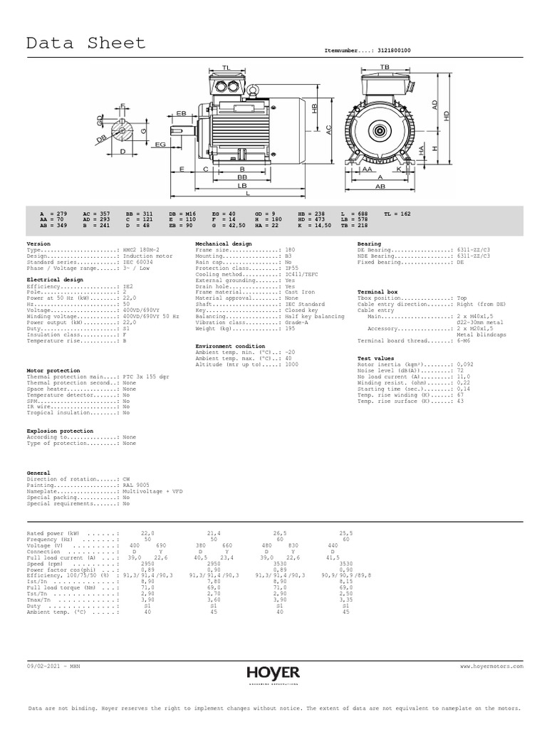 HMC2 180M-2 Motor Data Sheet | PDF | Electric Power | Electrical ...