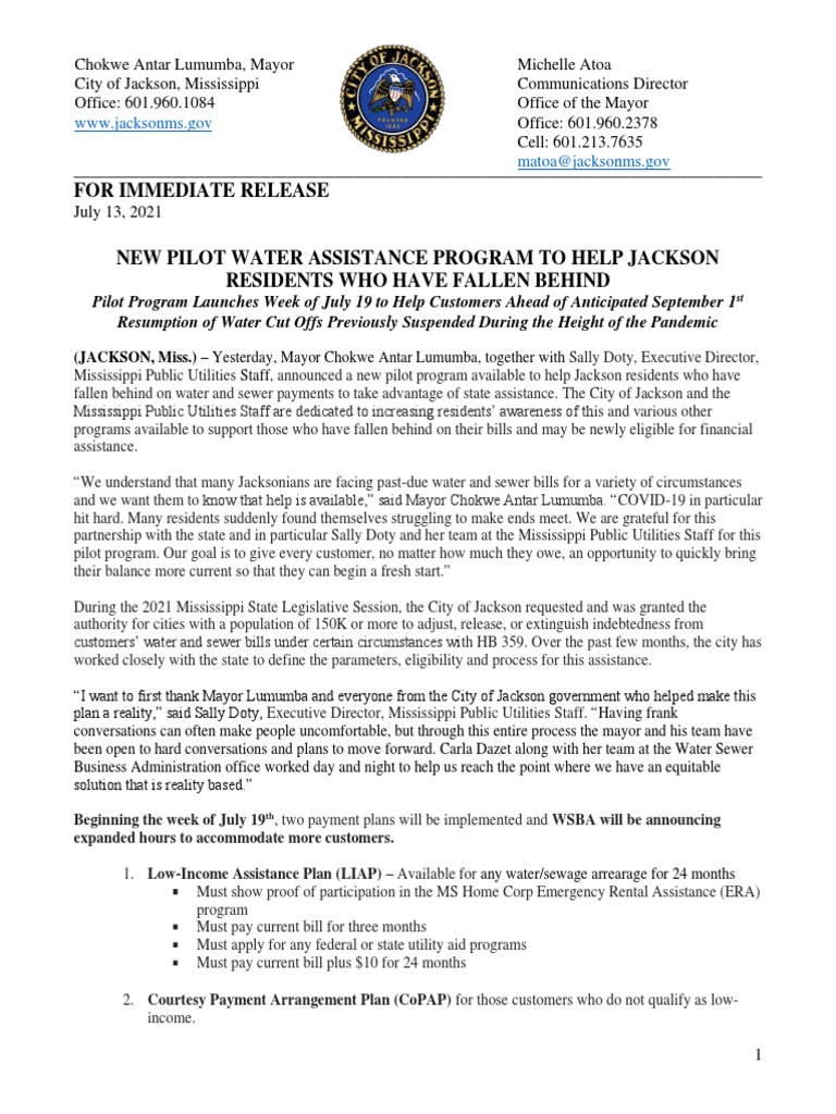 COJ Announces New Water Bill Assistance Program - 7-13 FNL | PDF ...