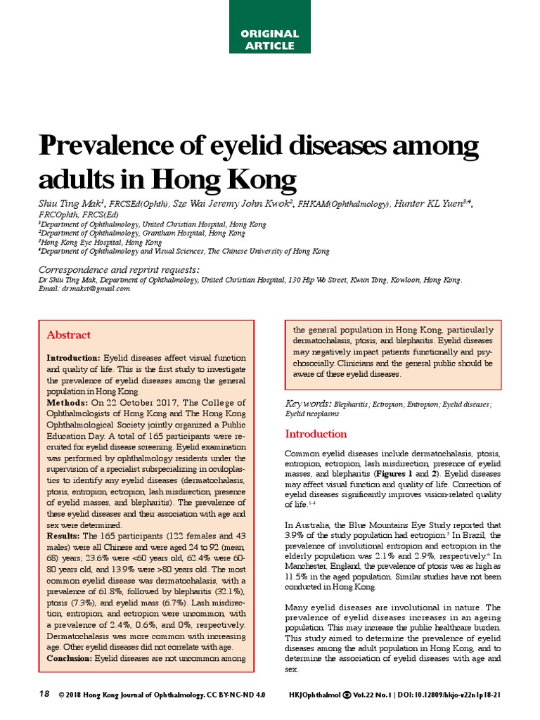 Prevalence of Eyelid Diseases Among Adults in Hong Kong: Shiu Ting Mak ...