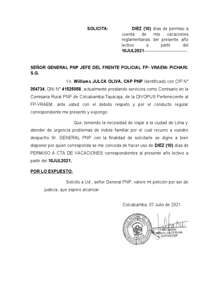 Solicitud A Cta de Vac. Del Cap PNP Julca | PDF