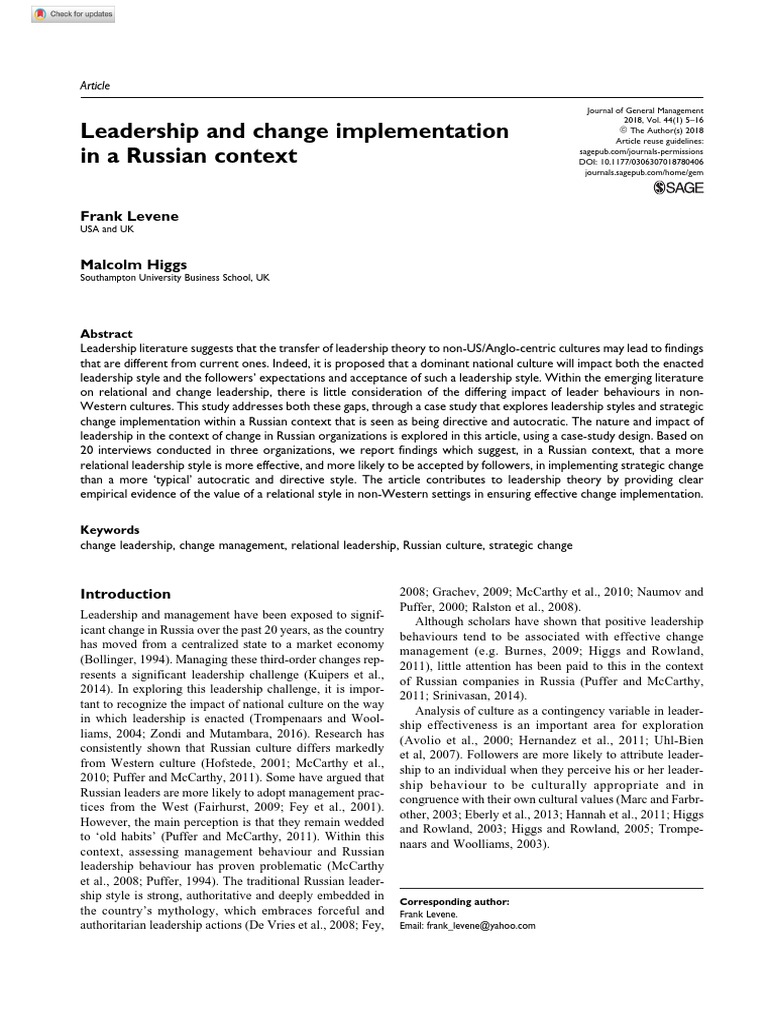 Leadership and Change Implementation in A Russian Context | PDF ...