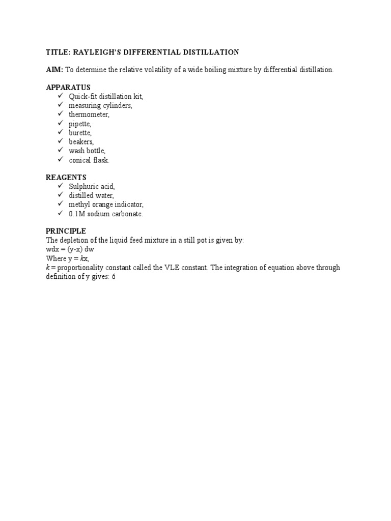 Rayleigh'S Differential Distillation: Title: Aim: Apparatus | PDF ...