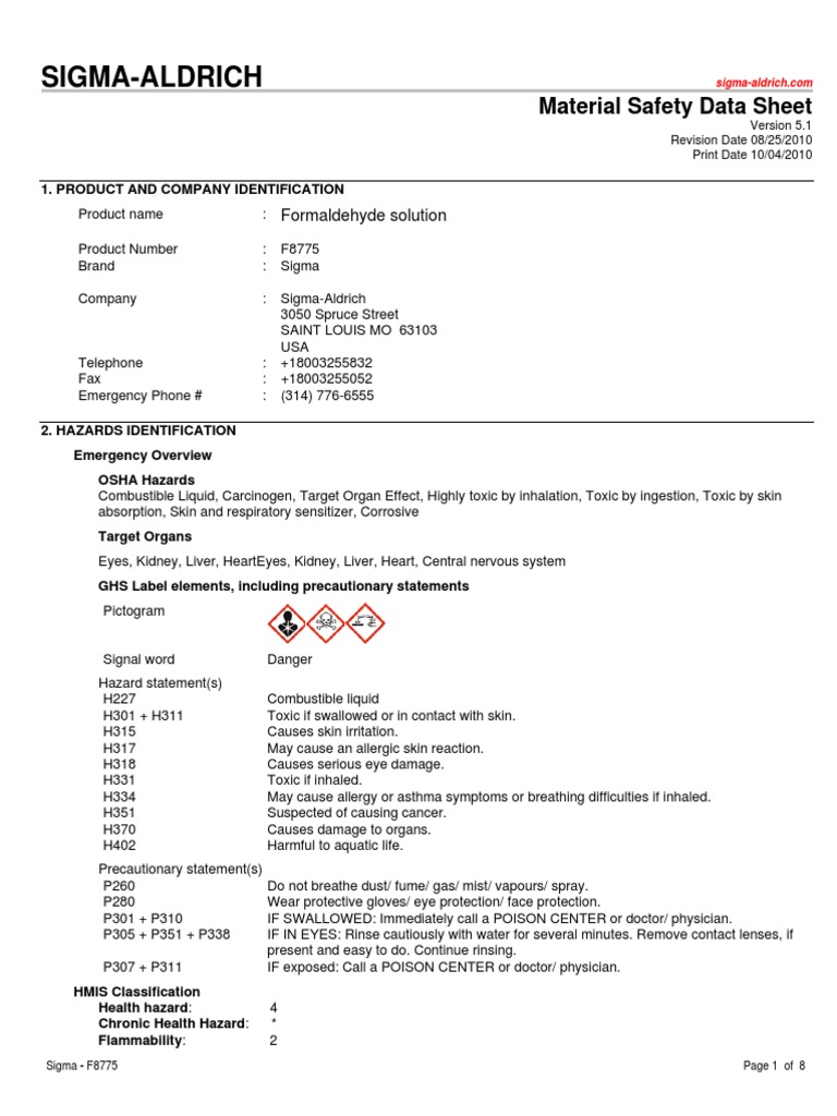 MSDS7-Formaldehyde Solution (Sigma) | PDF | Formaldehyde | Toxicity