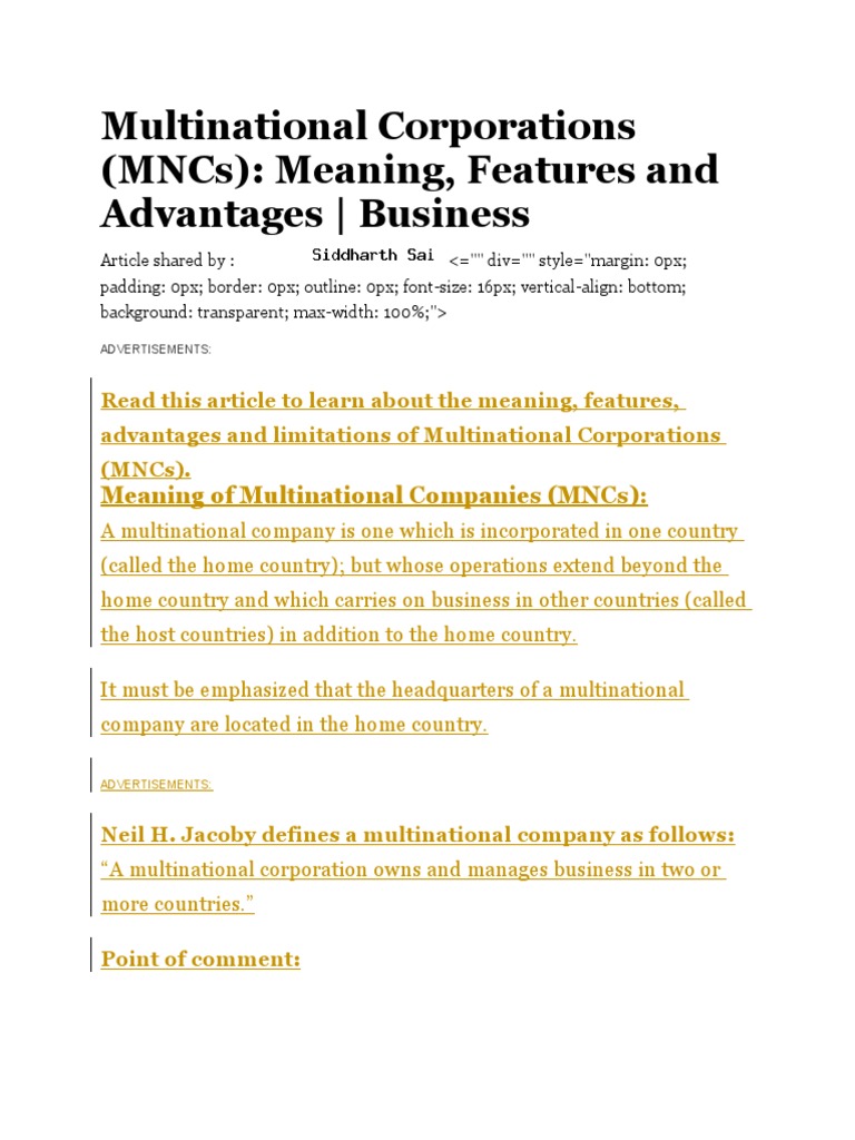 Multinational Corporations (MNCS) : Meaning, Features and Advantages ...