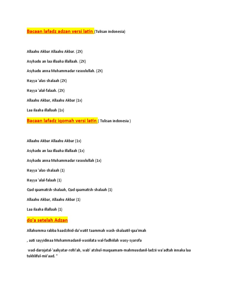 Bacaan Lafadz Adzan Versi Latin | PDF