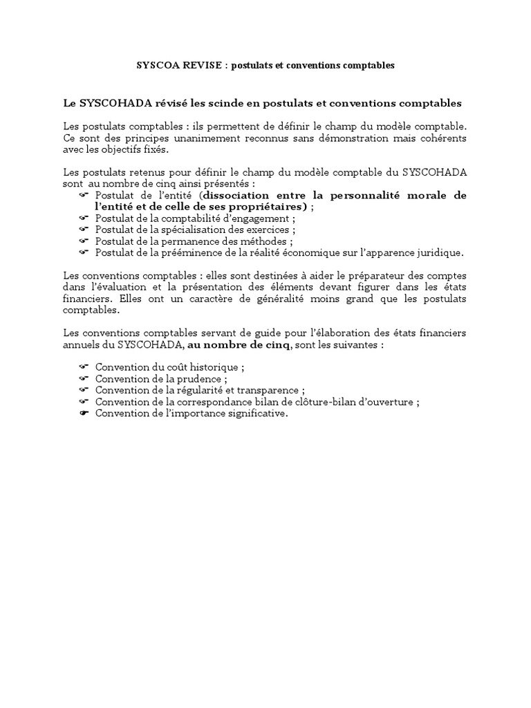 SYSCOA REVISE Postulats Et Conventions Comptables | PDF | Droit