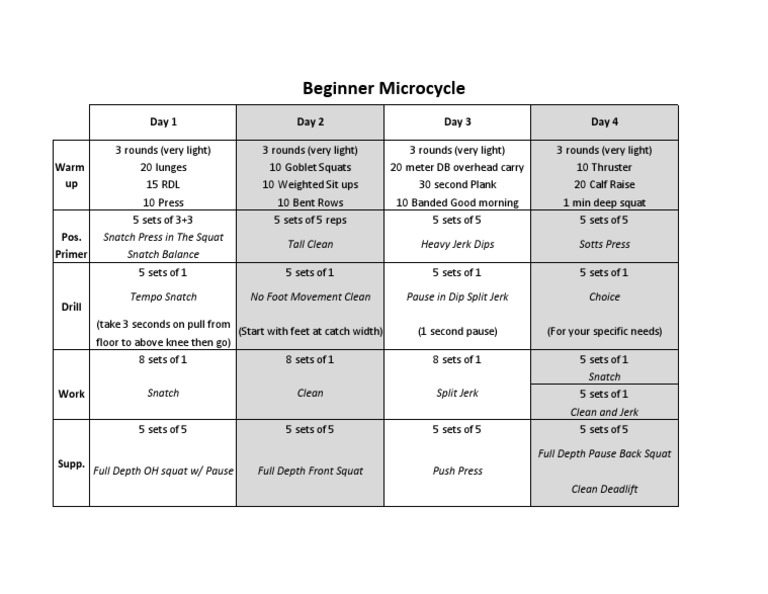 Beginner Microcycle Sheet1 | PDF