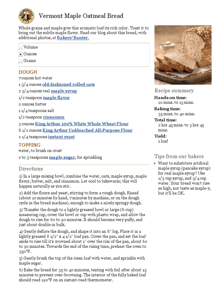 Vermont Maple Oatmeal Bread | PDF | Oatmeal | Breads