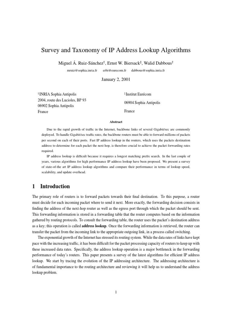 Survey and Taxonomy of IP Address Lookup Algorithms: Miguel Á. Ruiz-Sánchez, Ernst W. Biersack ...