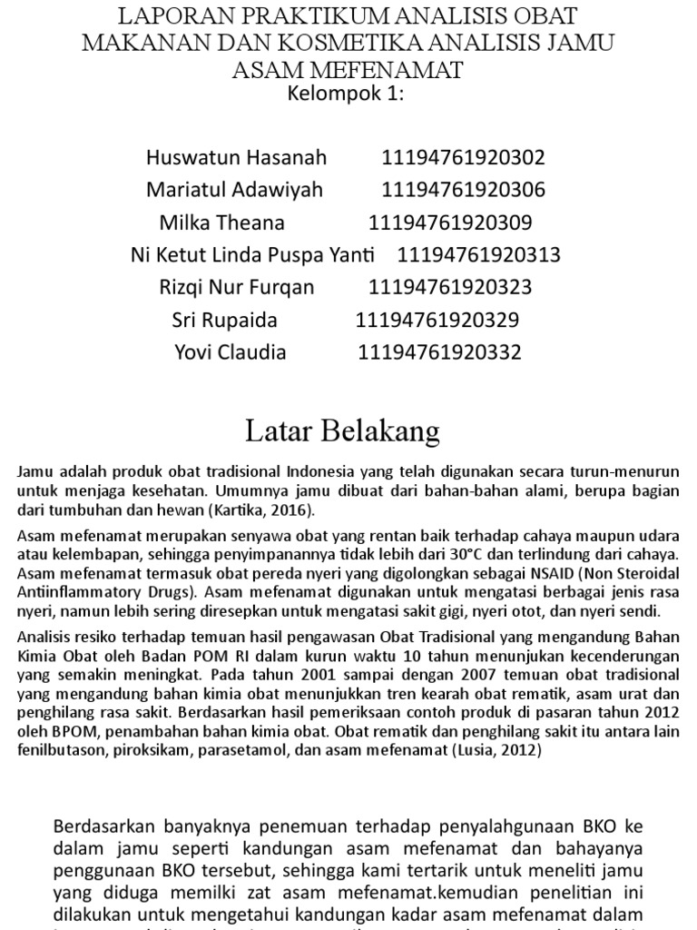 LAPRAK AOMK Analisis Jamu As. Mefenamat | PDF | Sains & Matematika