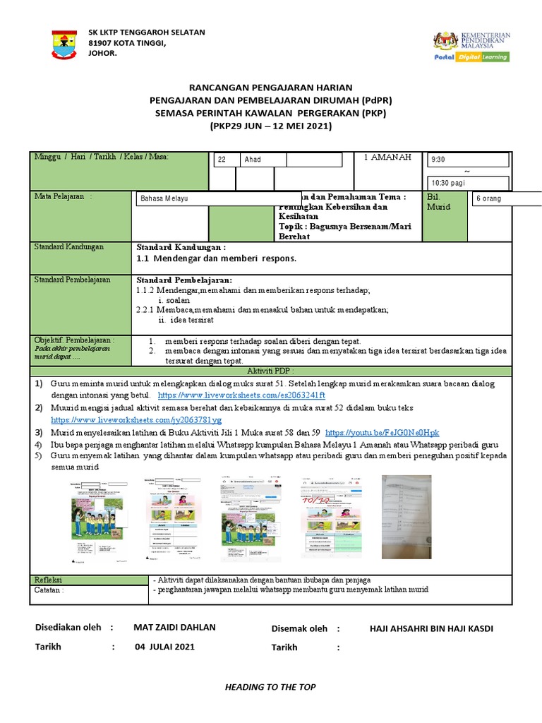 RPH PDPR ZAIDI 04.07.2021 (BM TAHUN 1) SKTS | PDF