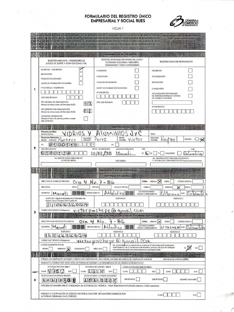 Formulario Del Registro Unico Empresarial y Social Rues Hoja 1 | PDF