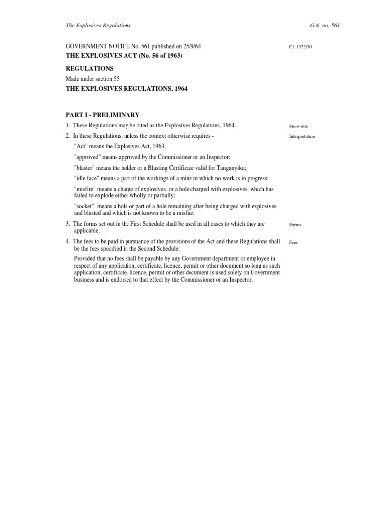 THE EXPLOSIVES ACT (No. 56 of 1963) Regulations | PDF | Door ...
