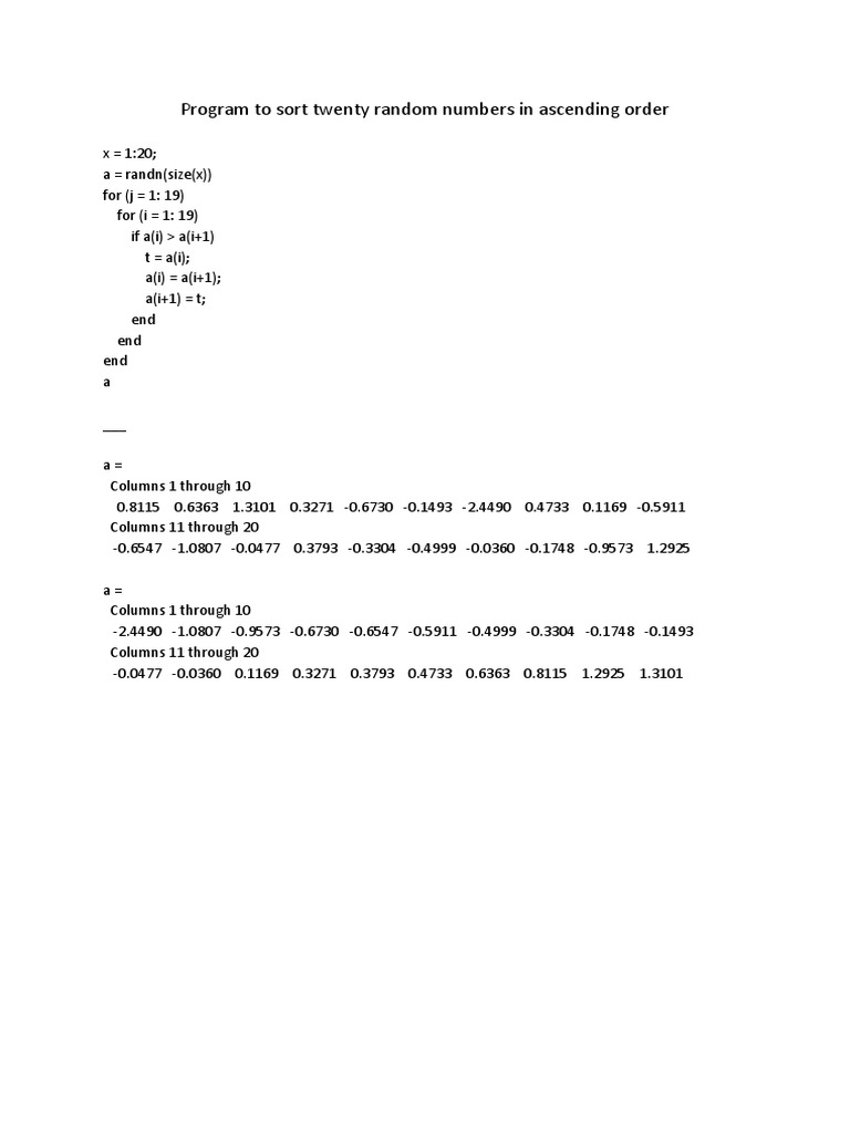 Matlab Program For Ascending and Descending Order | PDF