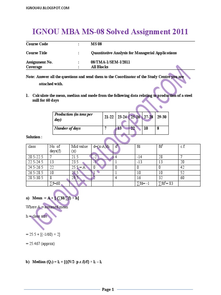 Ignou Mba Ms 08 Solved Assignments 2011 Pdf Statistical