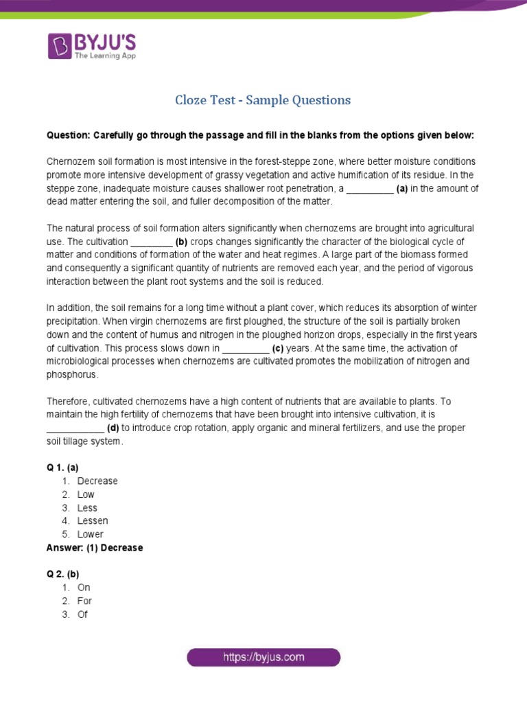 Cloze Test Sample Questions Pdf Tillage Soil