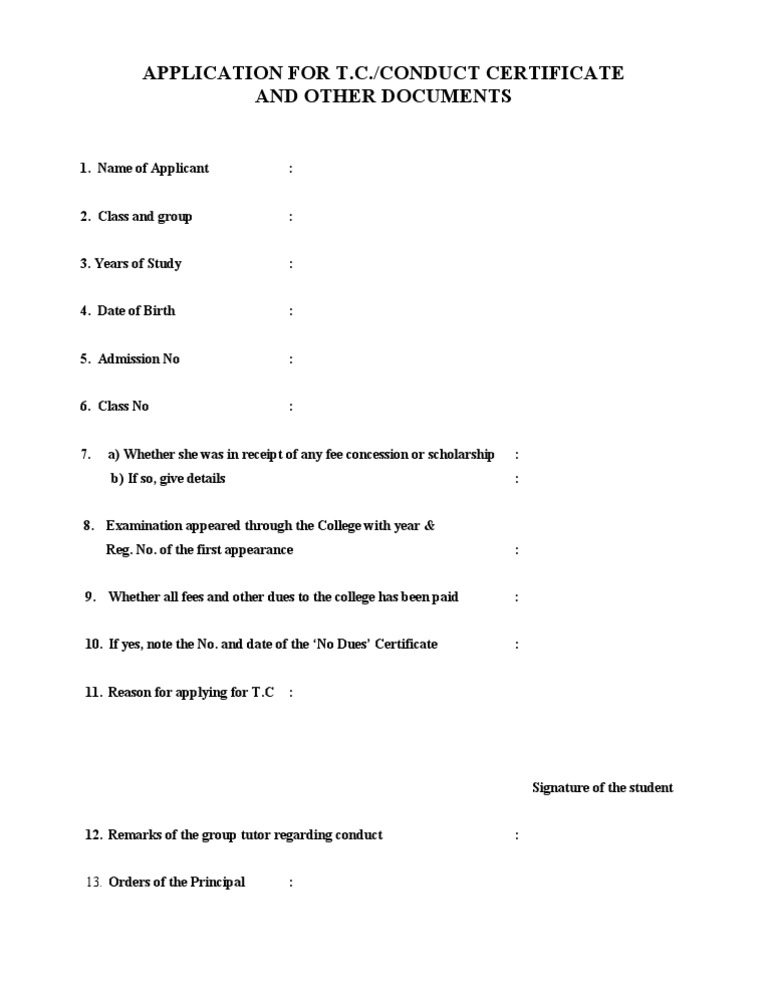 Application For T.C./Conduct Certificate and Other Documents | PDF ...