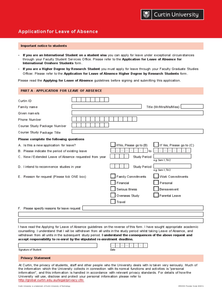 Curtin University Leave of Absence Application | PDF | Privacy ...