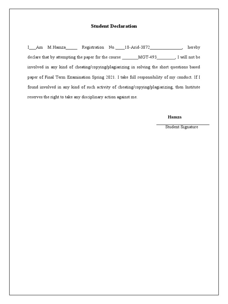 Student Declaration: Hamza | PDF | Research Design | Incentive
